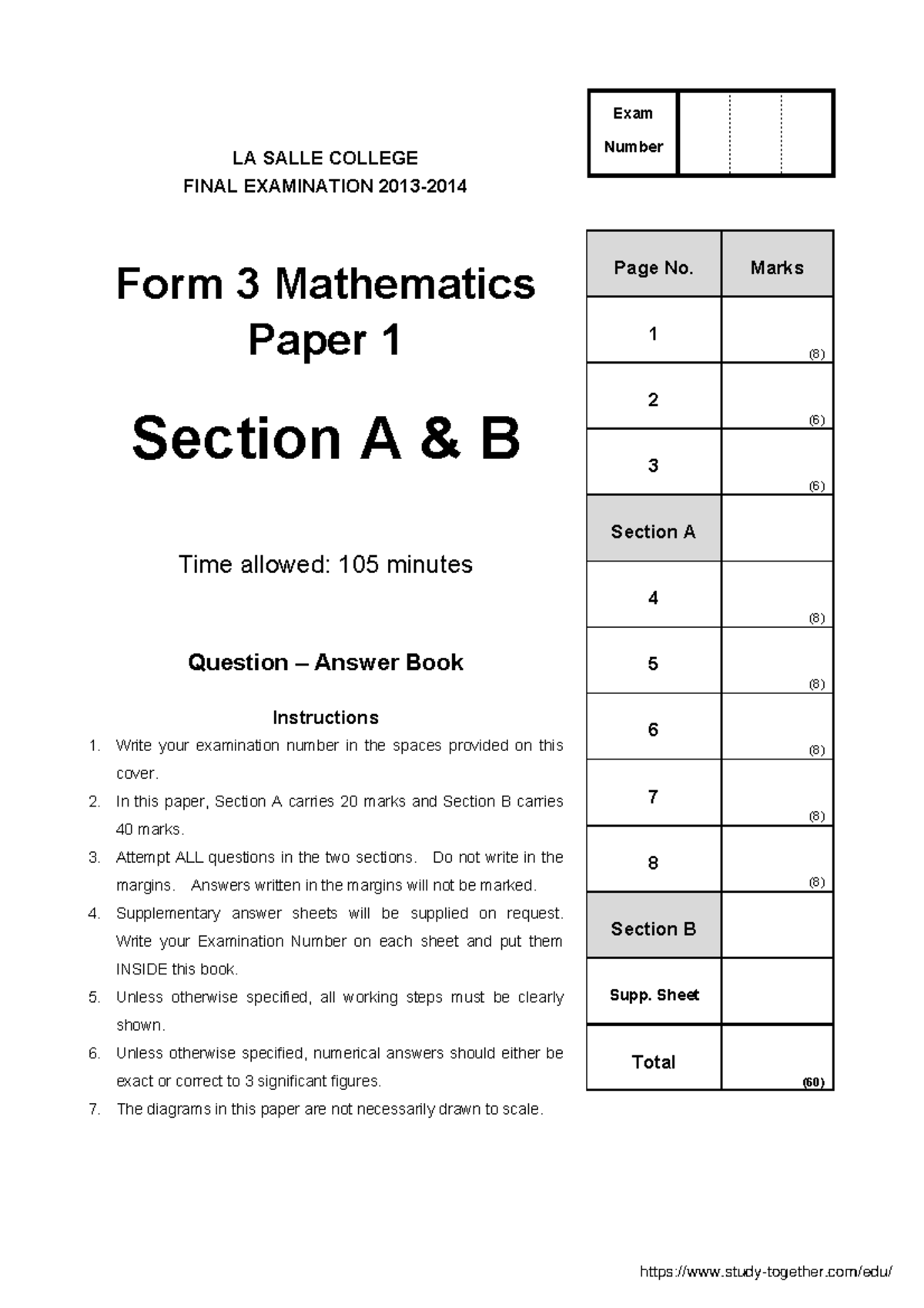 La Salle College F3 Maths Final Exam Paper 1 Section AB 2013 14 - LA ...