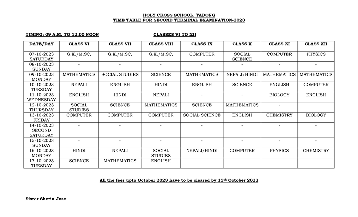 Examination Routine - Copy - HOLY CROSS SCHOOL, TADONG TIME TABLE FOR ...