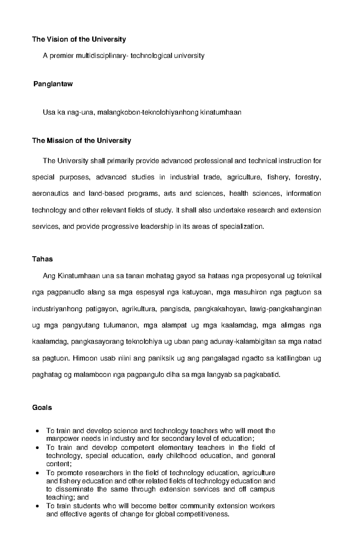 Vision, Mission and Goals - The Vision of the University A premier ...