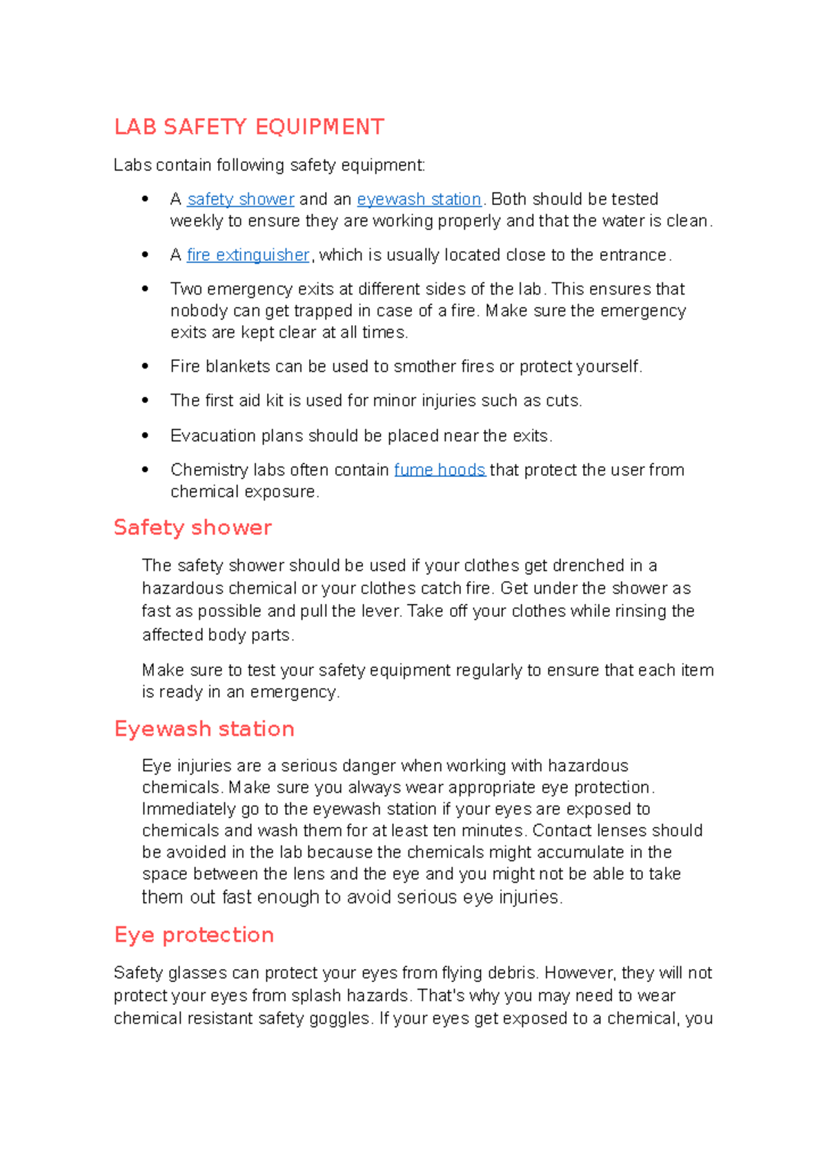 Chemistry- Safety- Simulation NOTES - LAB SAFETY EQUIPMENT Labs contain ...