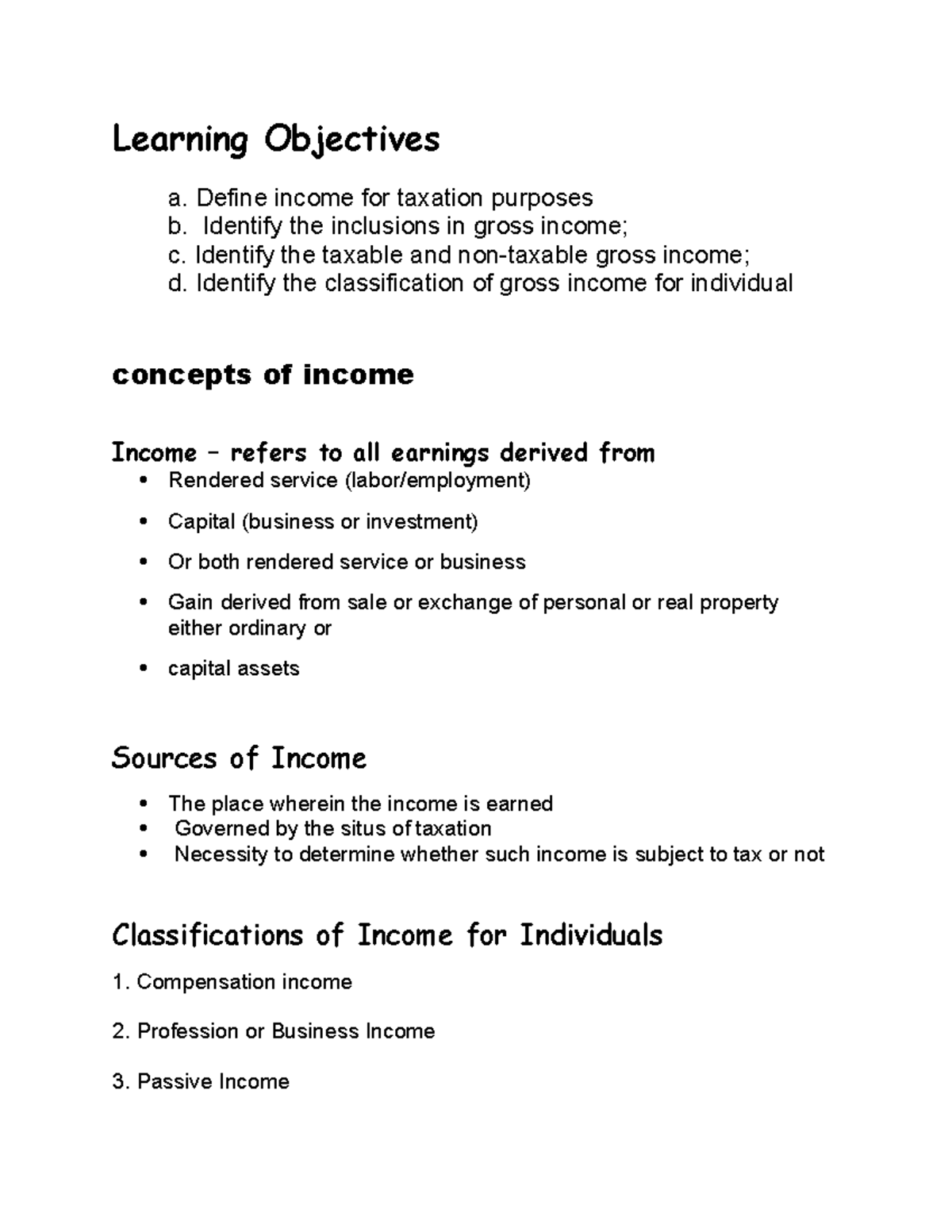 Concept OF Income-doc - Gloria Manantan - Learning Objectives a. Define ...