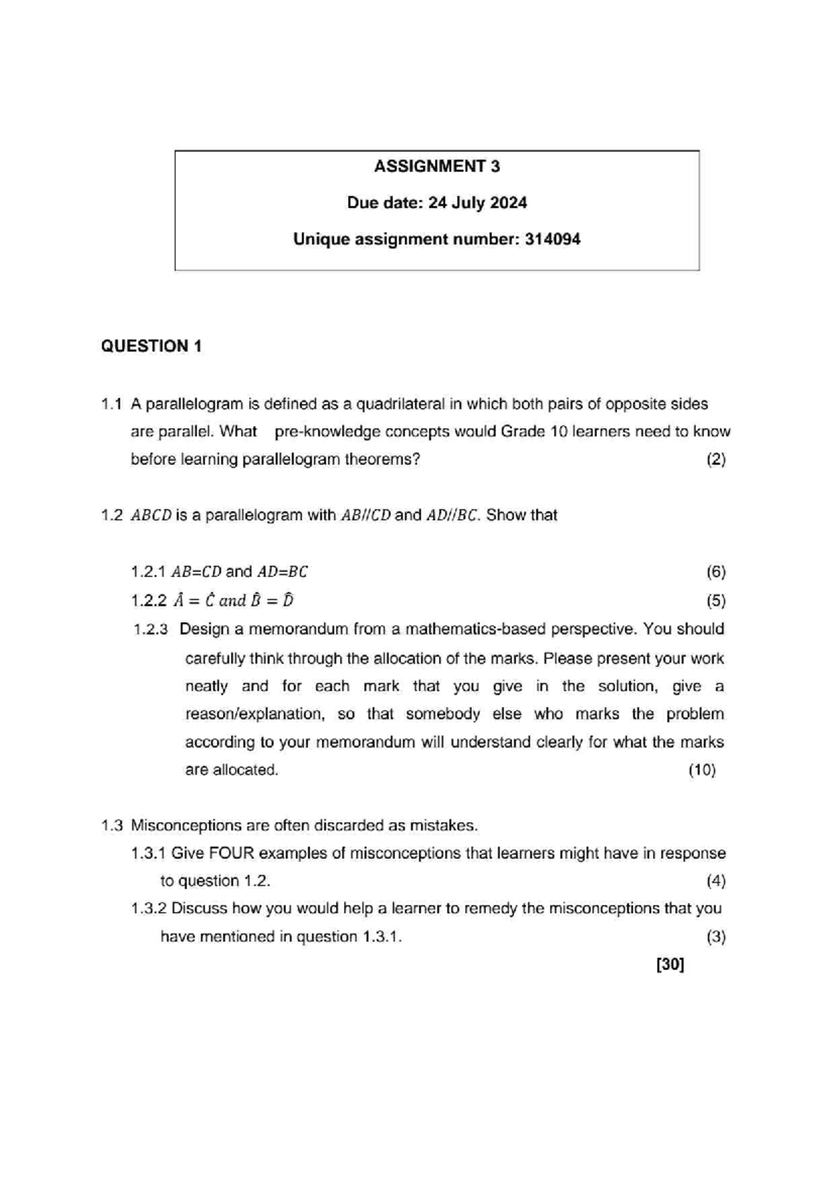 Assignment 3 - ASSIGNMENT 3 Due date: 24 July 2024 Unique assignment number: 314094 QUESTION 1 1 ...