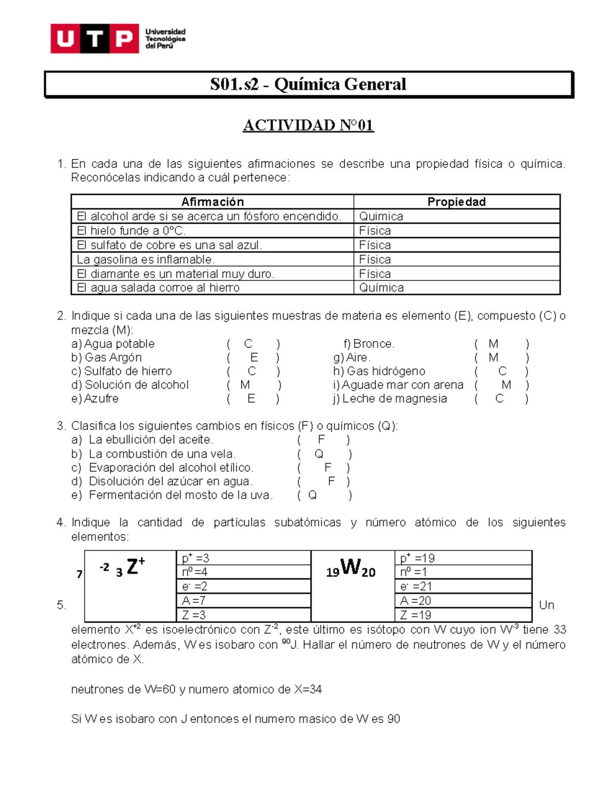 Quimica 1 - ejercicio - S01 - Química General ACTIVIDAD N° En cada una ...