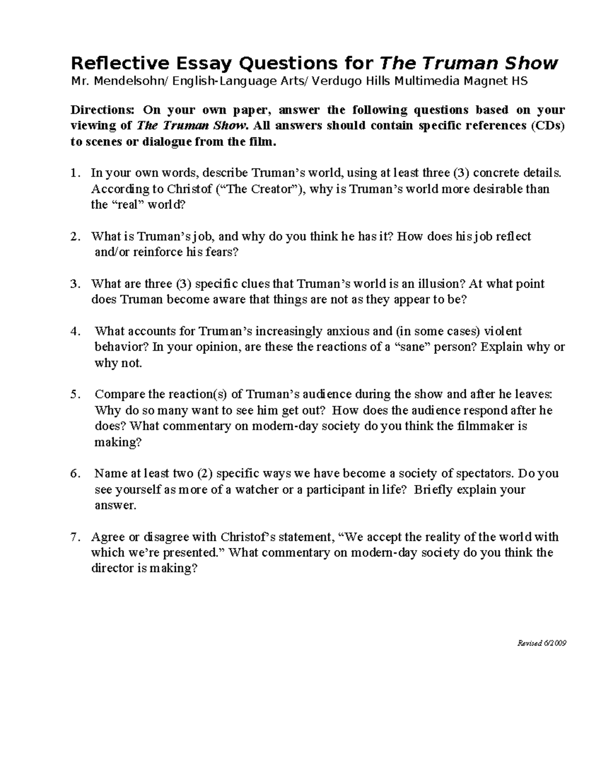 REV Truman Show Questions - Reflective Essay Questions for The Truman ...