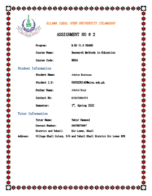 Assignment No 1 (8604) - solved - RESEARCH METHOD IN EDUCATION (COURSE CODE: 8604) ASSIGNMENT ...