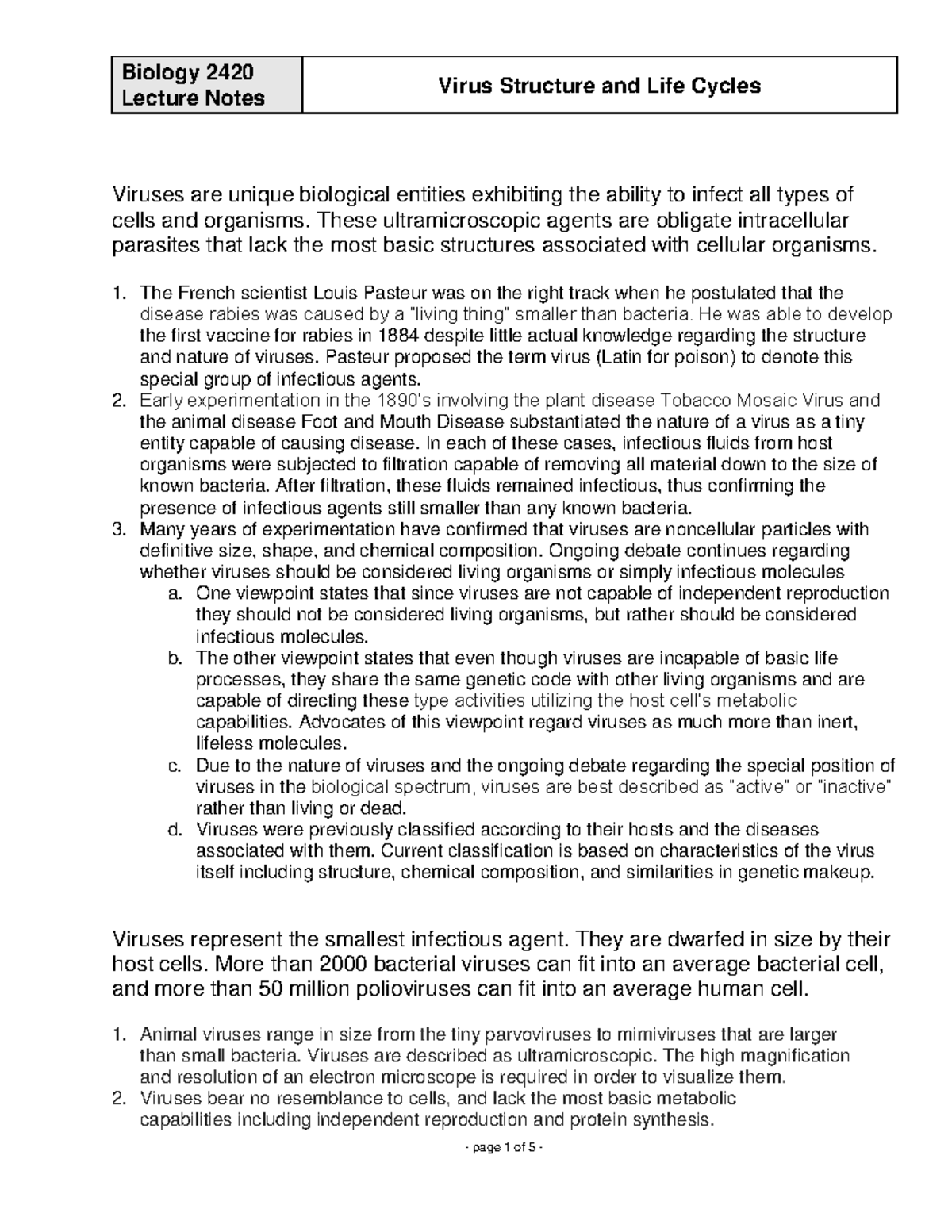 Microbiology Lecture Notes - Virus Structure and Life Cycles - Lecture ...
