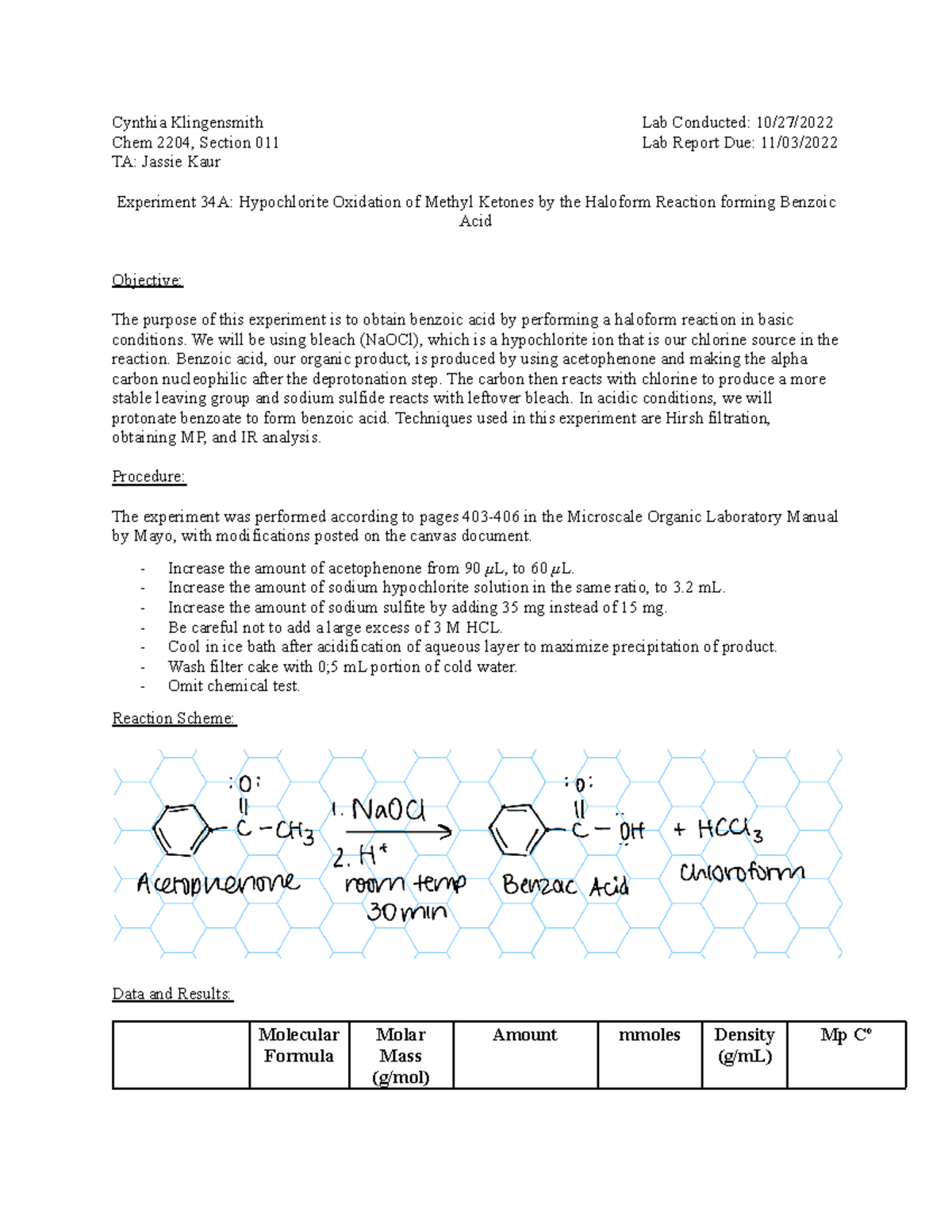 Experiment 34 A - Lab report - Cynthia Klingensmith Lab Conducted: 10 ...