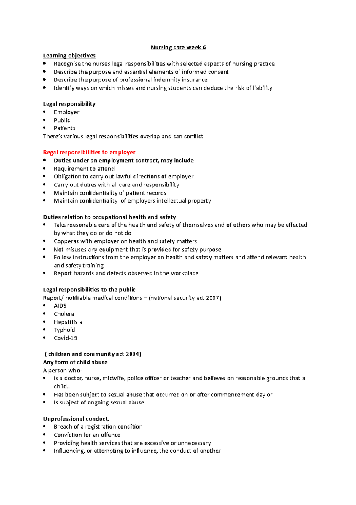 Nursing care notes week 6 - Nursing care week 6 Learning objectives ...