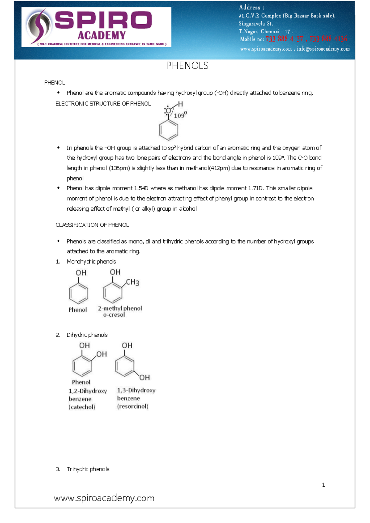 Phenol - In phenols the – OH group is attached to sp 2 hybrid carbon of ...