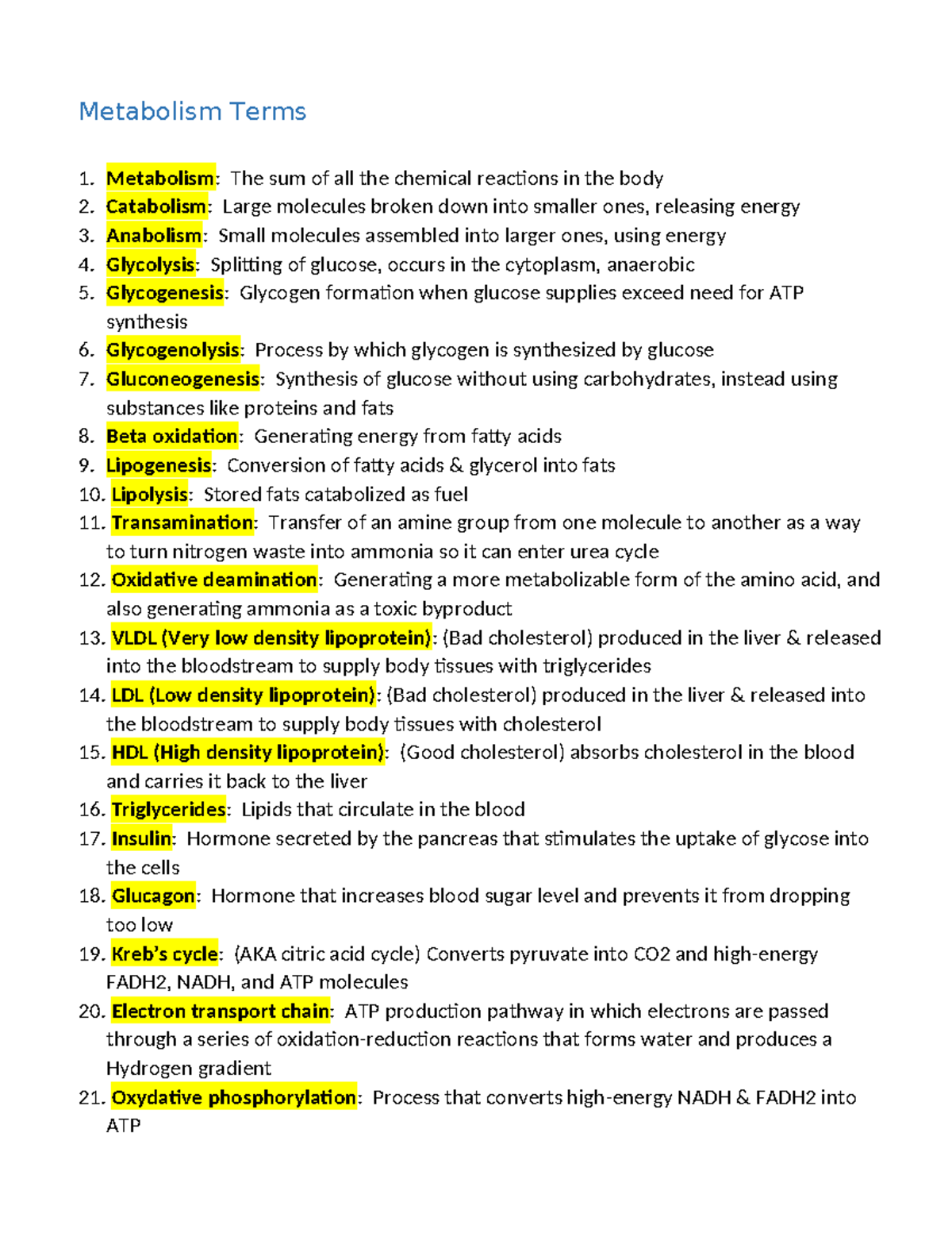 Metabolism worksheet - Metabolism Terms Metabolism: The sum of all the ...