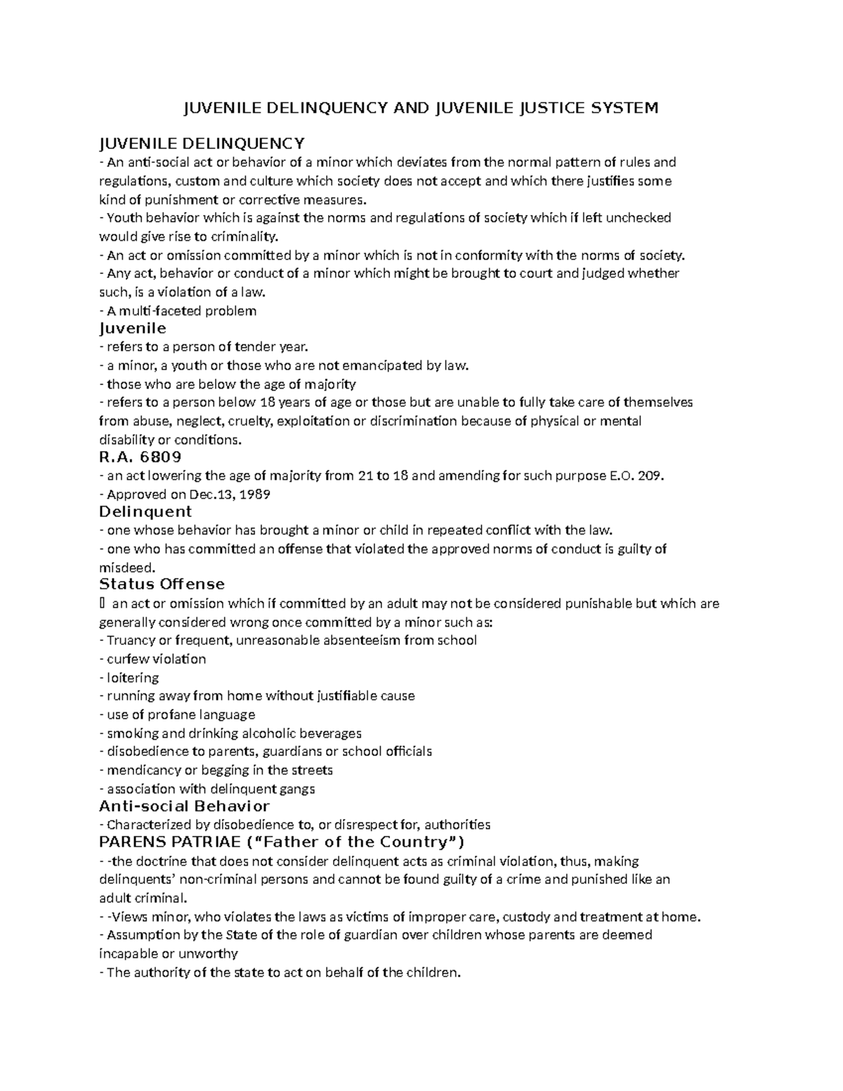 Prelim-notes - Notes - JUVENILE DELINQUENCY AND JUVENILE JUSTICE SYSTEM ...