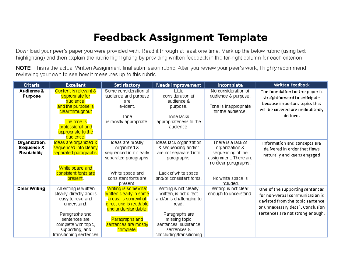 Feedback - Ruberic for communication - Feedback Assignment Template ...