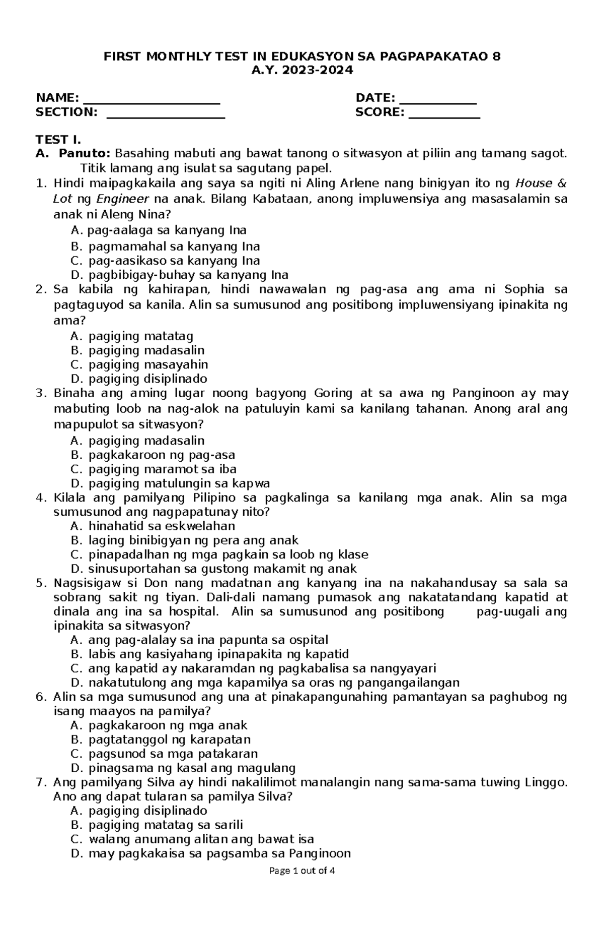 ESP 8 - 1st Monthly Test - FIRST MONTHLY TEST IN EDUKASYON SA ...