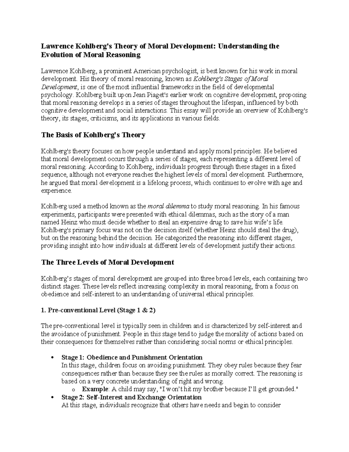 Lawrence Kohlberg's Theory - His theory of moral reasoning, known as ...