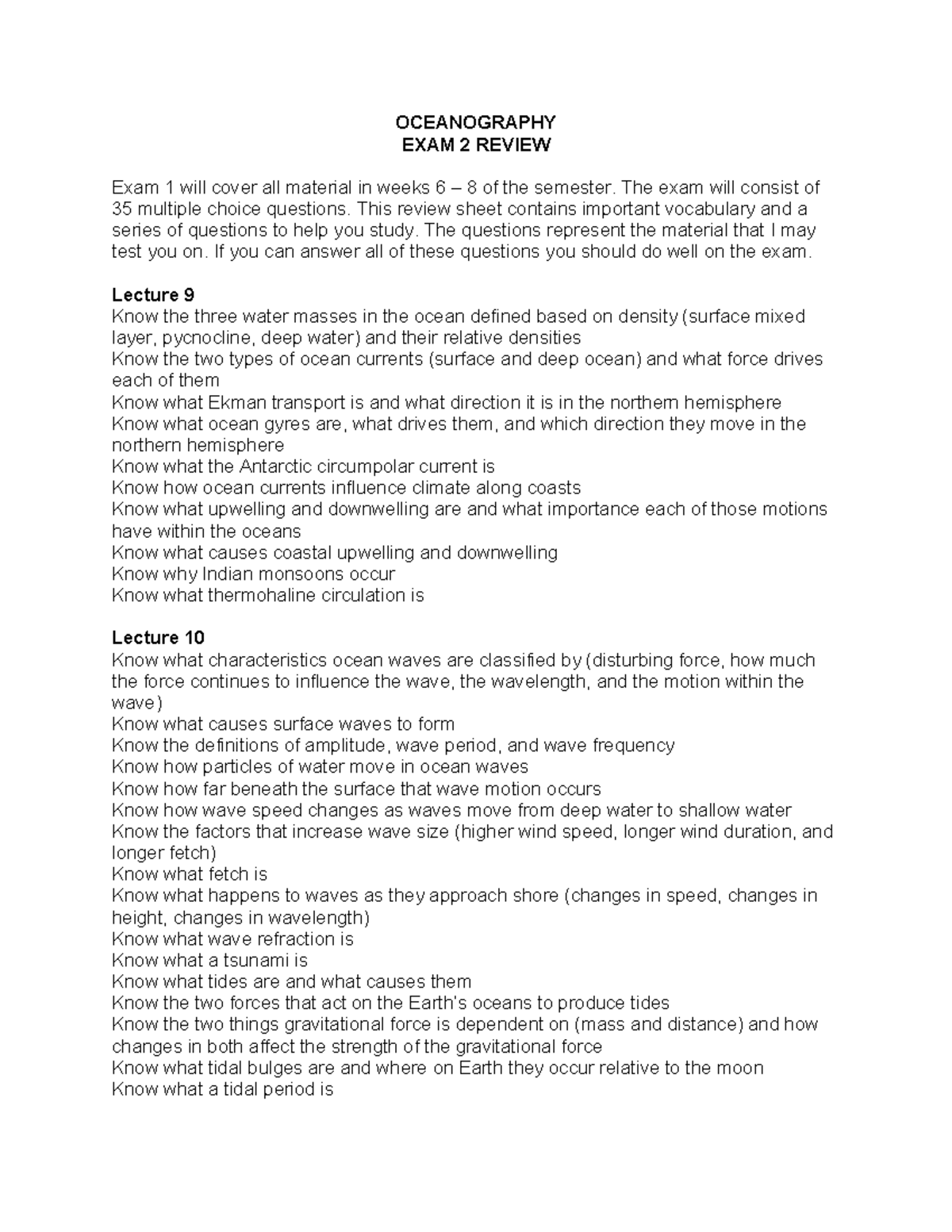 GEOL 130 Midterm 2 Study Guide - OCEANOGRAPHY EXAM 2 REVIEW Exam 1 will ...