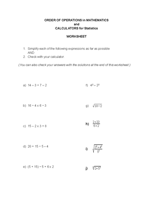 Bodmas worksheet - BODMAS 1. Brackets 2. Orders (i. Powers and Square ...