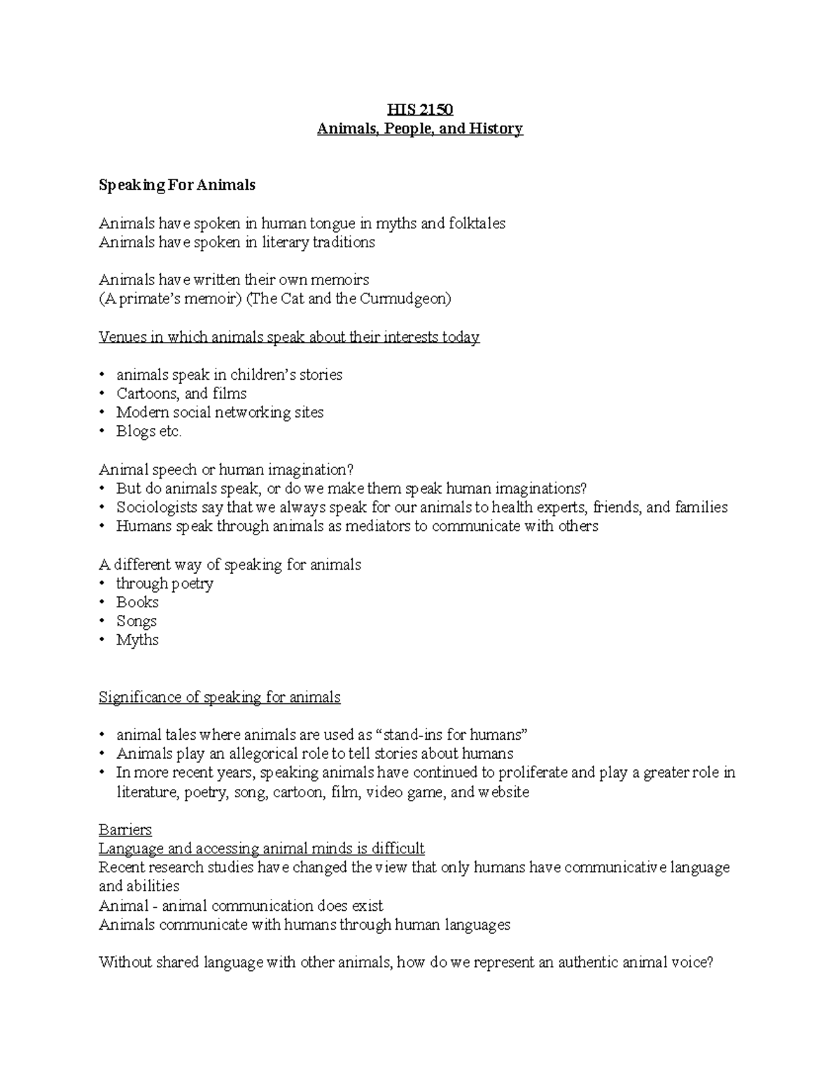 Animals, People, and History Notes - HIS 2150 Animals, People, and ...