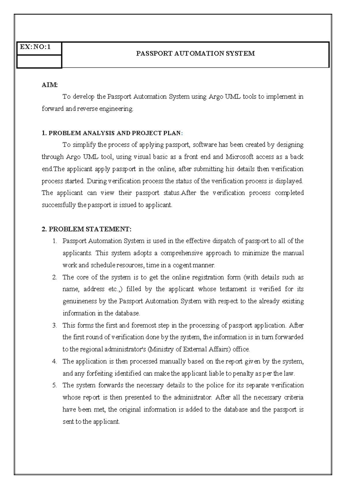 Oose lab manual - EX:NO: PASSPORT AUTOMATION SYSTEM AIM: To develop the ...