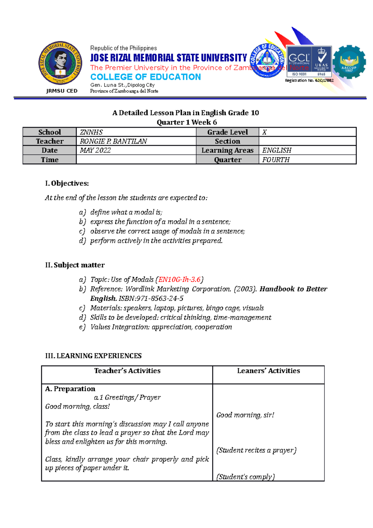 1st QW6 - Sample Lesson Plan - Republic of the Philippines JOSE RIZAL ...