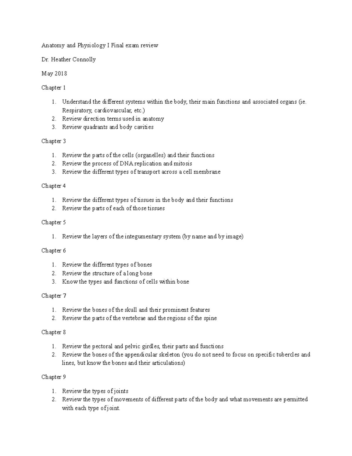 Final Exam Study Guide - Anatomy and Physiology I Final exam review Dr ...