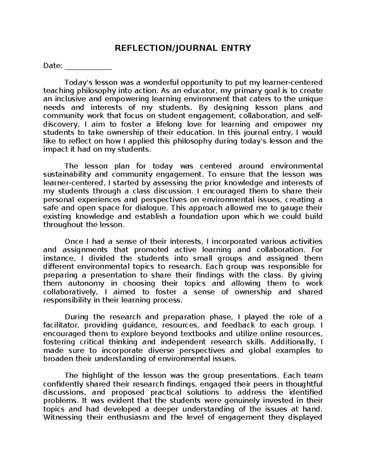 Reflection Journal Entry #1 - REFLECTION/JOURNAL ENTRY Date ...