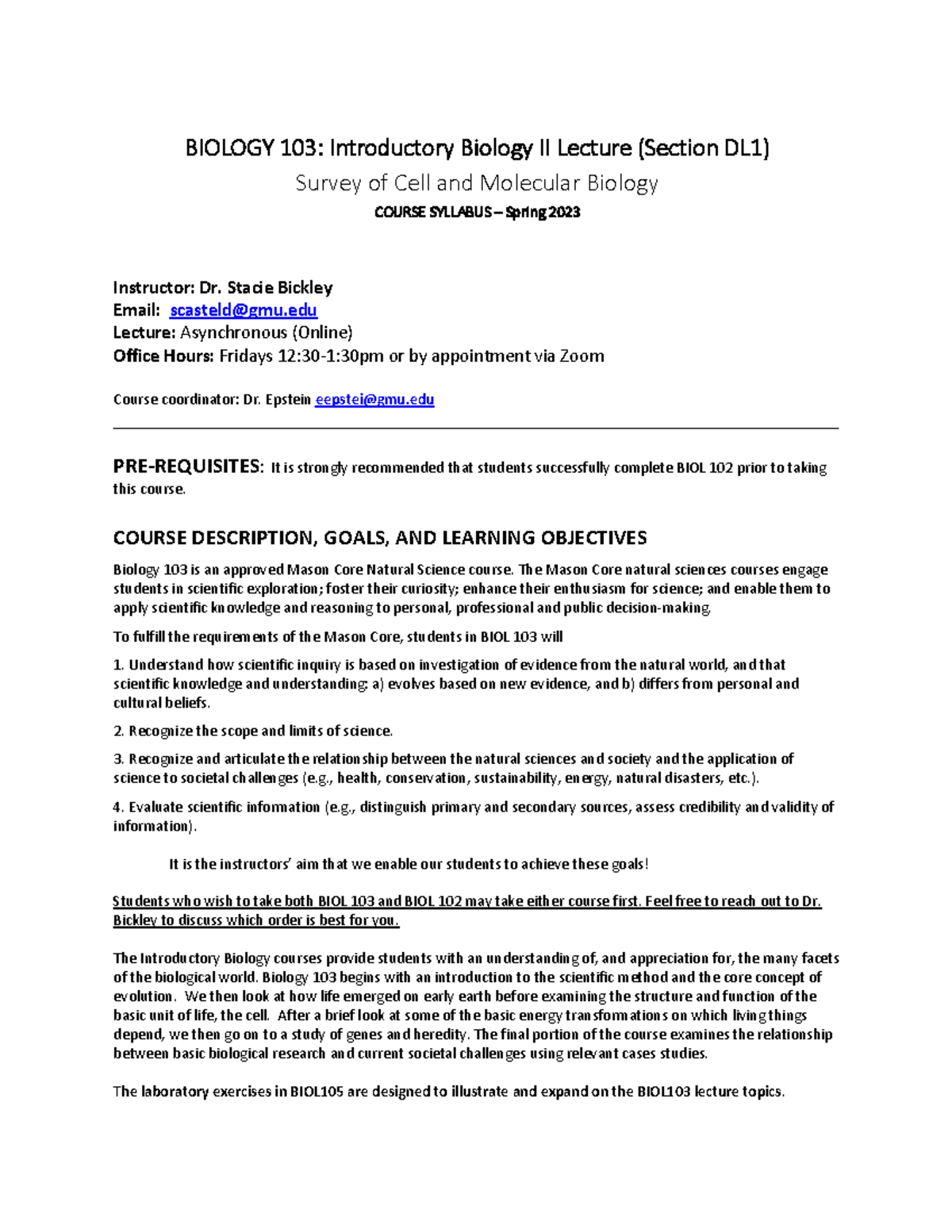 BIOL-103 - fsd - BIOLOGY 10 3: Introductory Biology II Lecture (Section ...