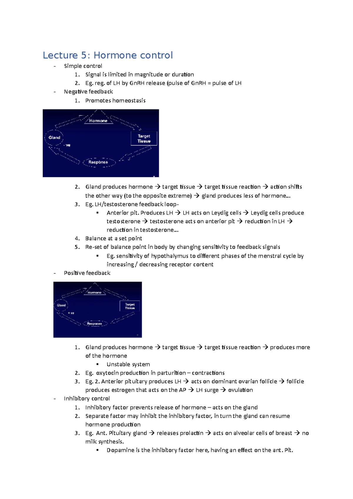 ANHB2216 lecture notes 5-6 - Lecture 5: Hormone control Simple control ...