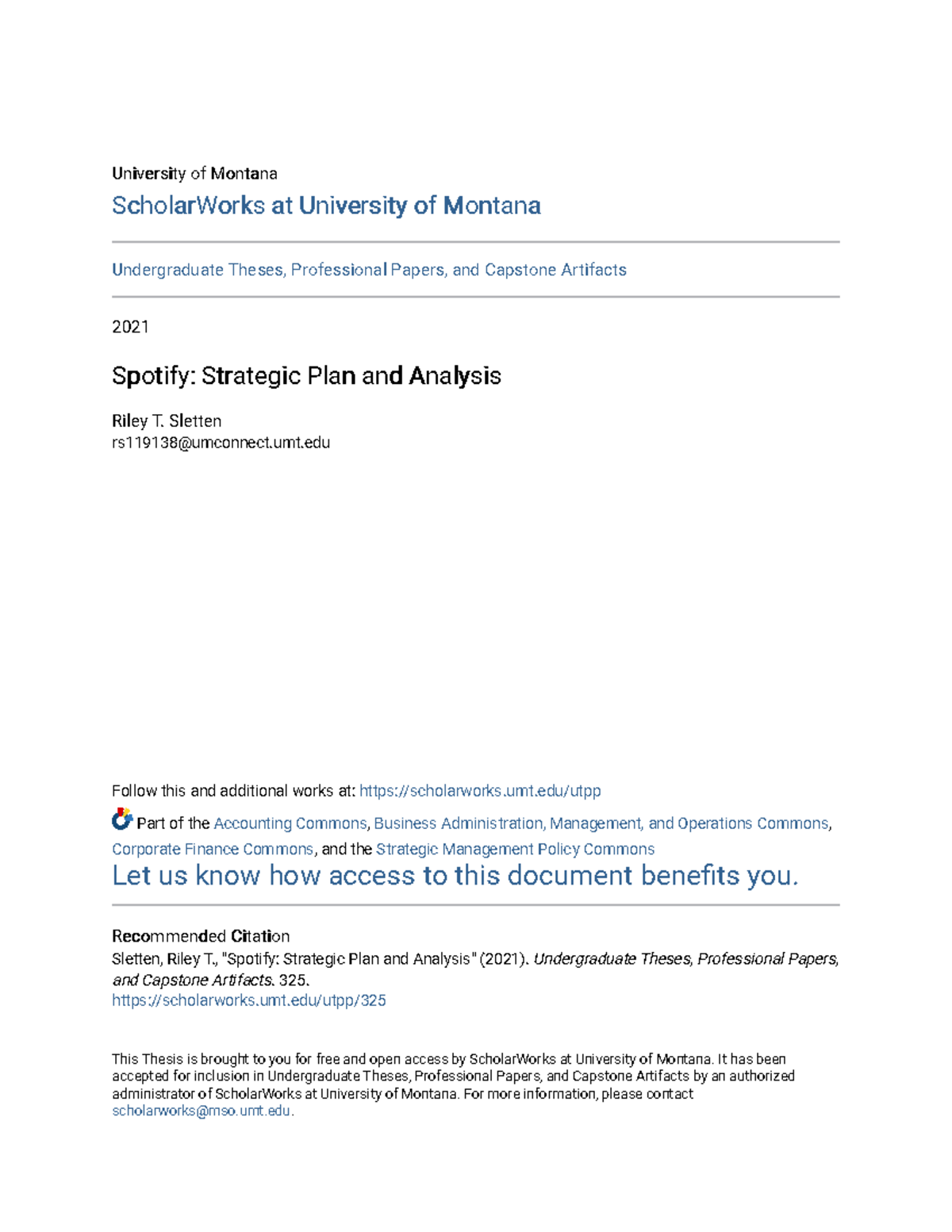 Spotify Strategic Plan and Analysis - Sletten rs119138@umconnect.umt ...