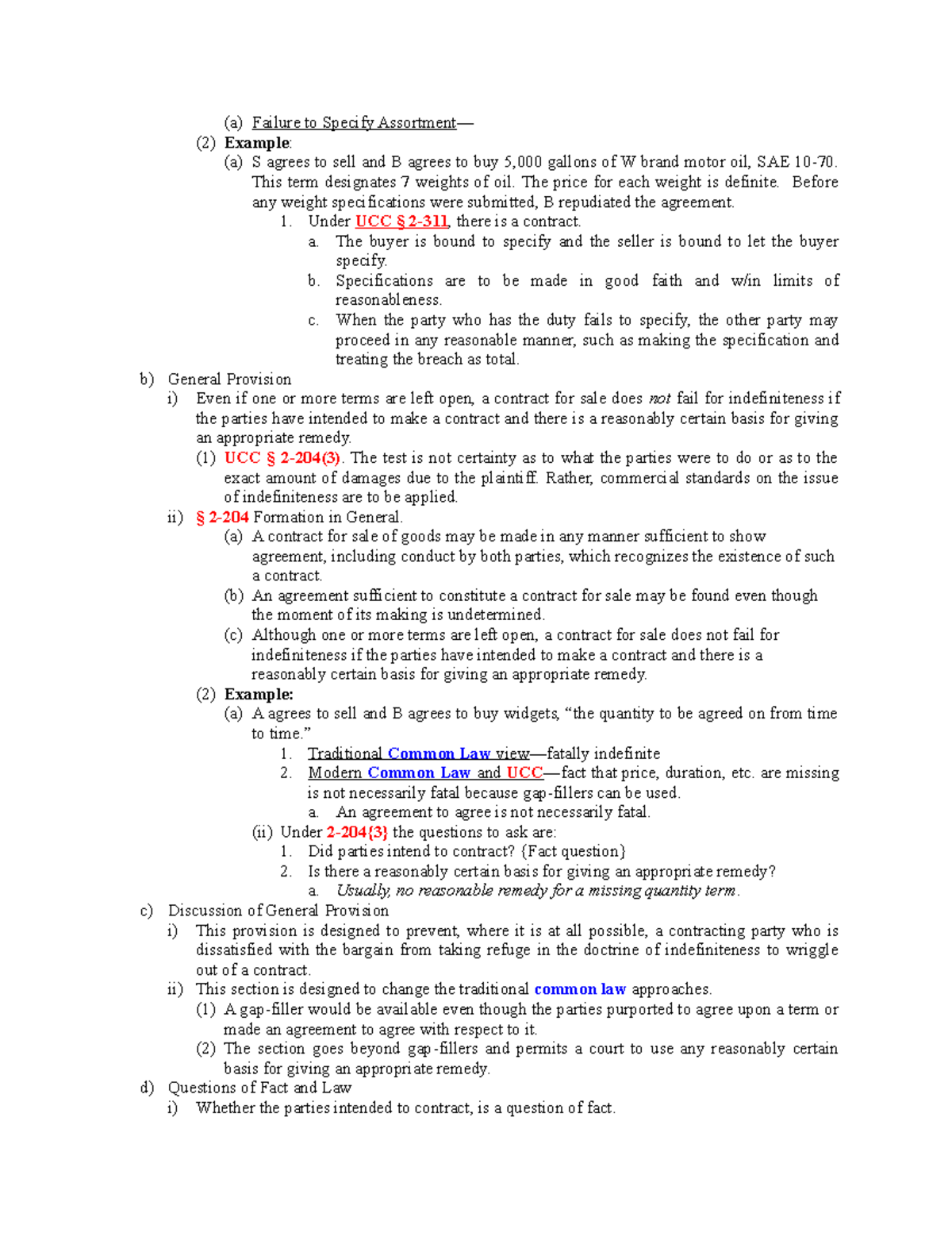 Contracts Law Outline - 3 - (a) Failure to Specify Assortment— (2 ...