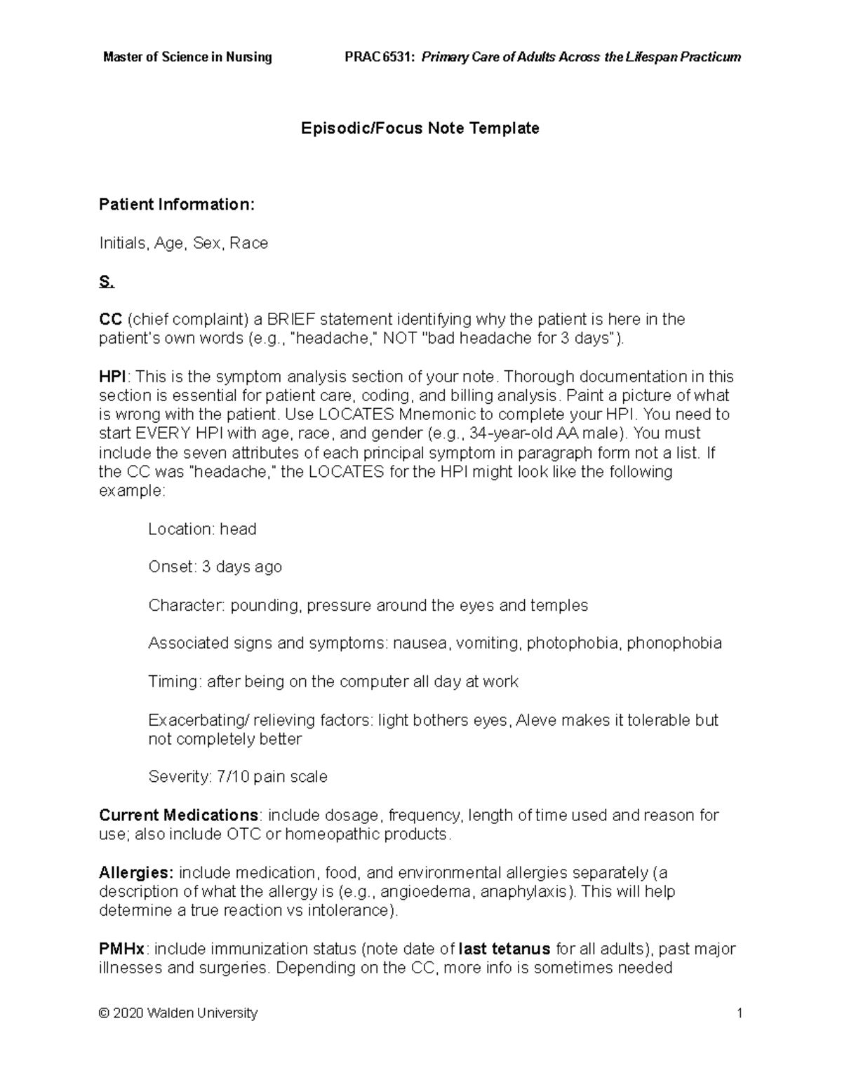 PRAC 6531 Episodic Focused Note Template Final - Master of Science in ...