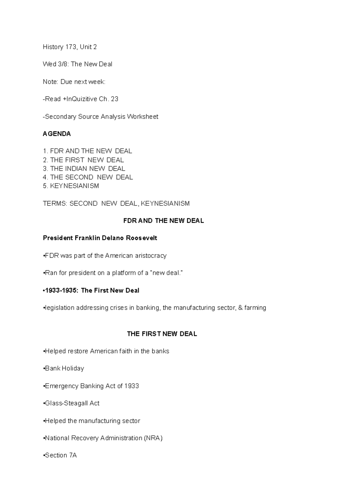 Hist 173. The New Deal 3 8 23 - History 173, Unit 2 Wed 3/8: The New ...