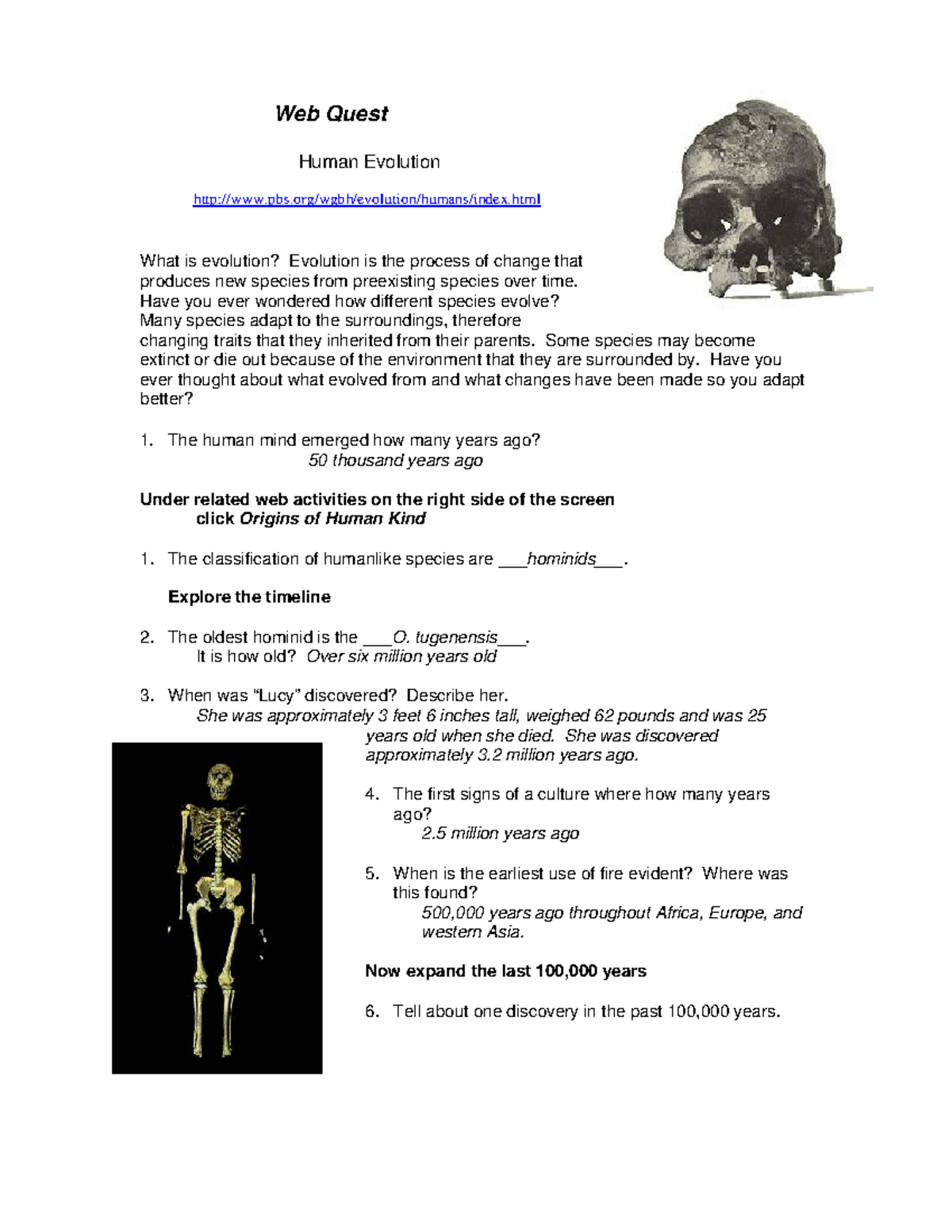 Evolution Web Quest answers - Web Quest Human Evolution pbs/wgbh ...