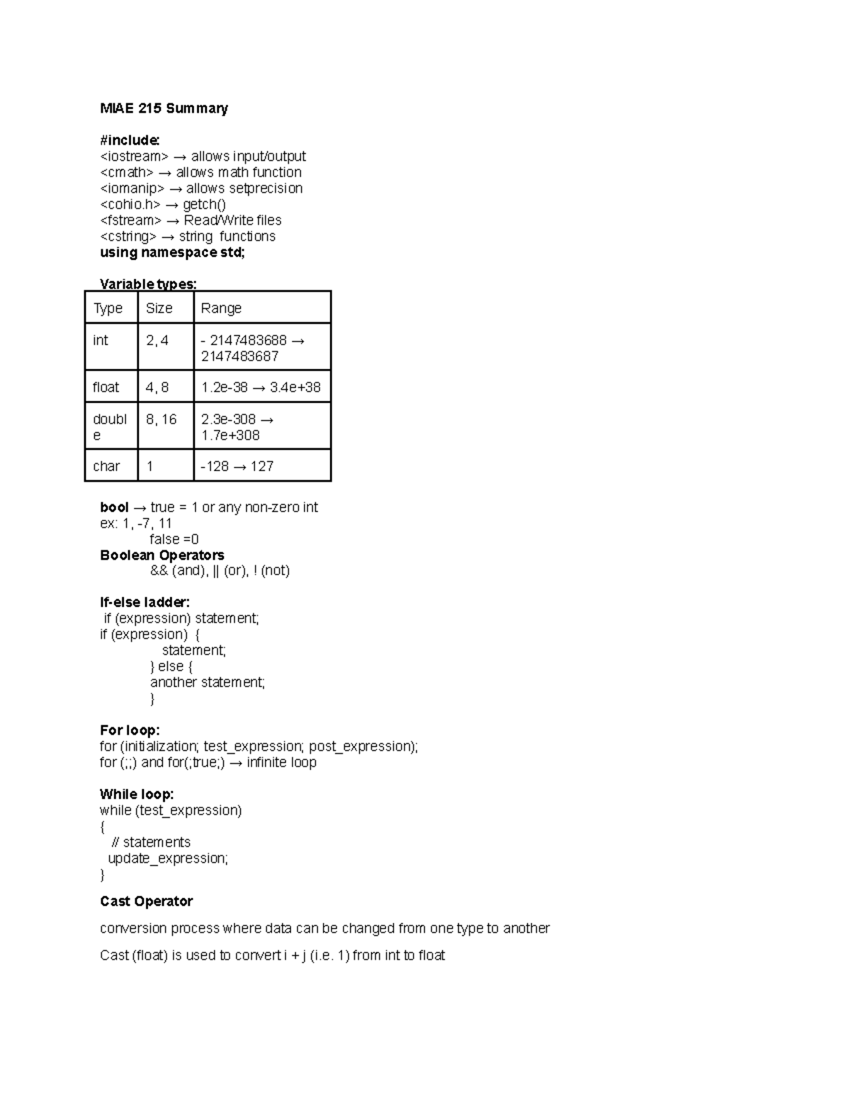Miae 215 Summary Miae 215 Summary Include → Allows Inputoutput → Allows Math Function →