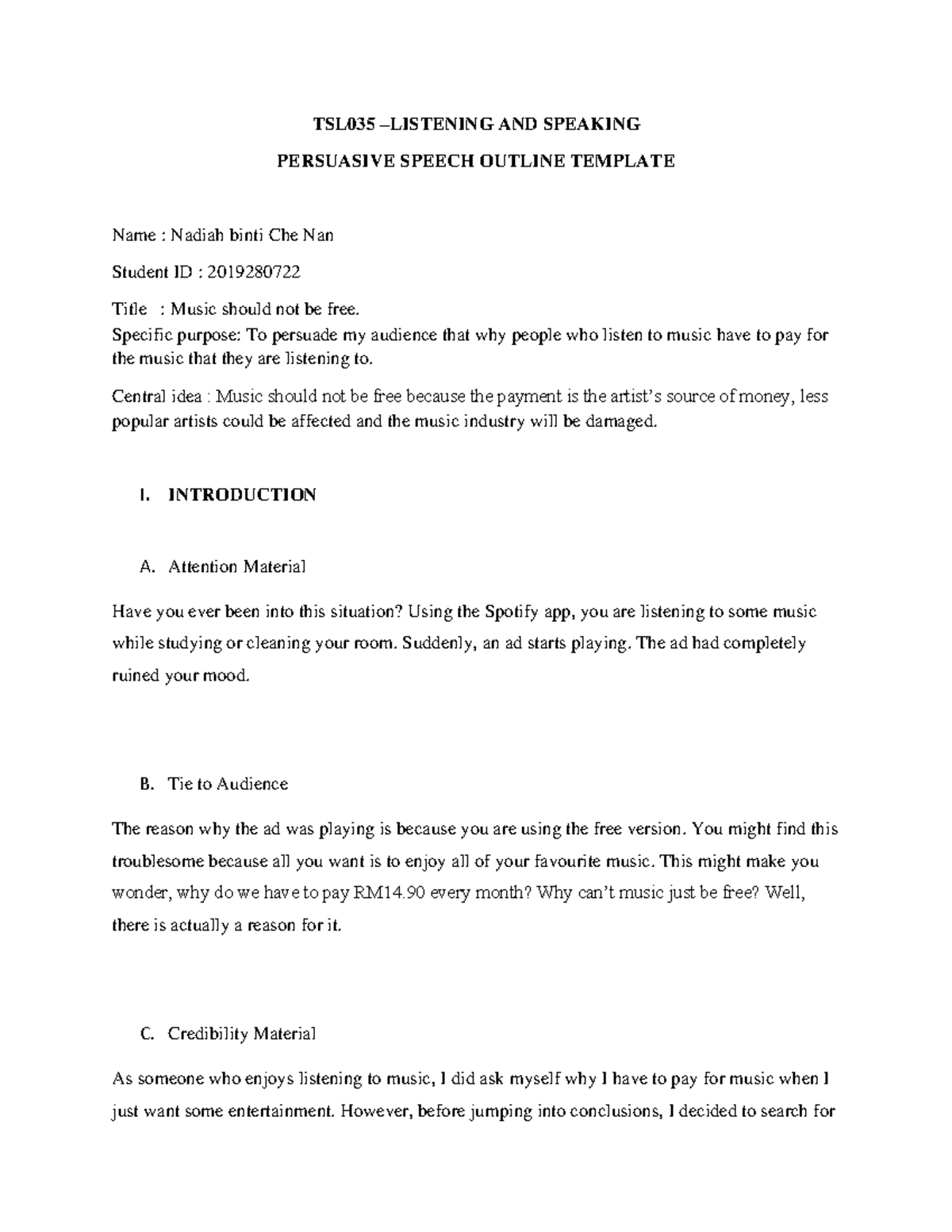 PERSUASIVE SPEECH OUTLINE INDIVIDUAL WORK - TSL035 –LISTENING AND ...