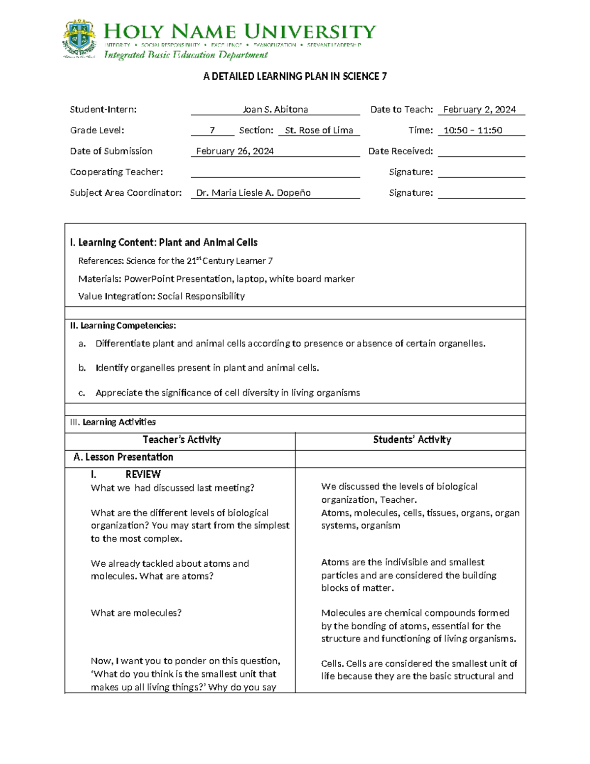 IBED Teaching Internship Learning Plan Template 2024 - A DETAILED ...