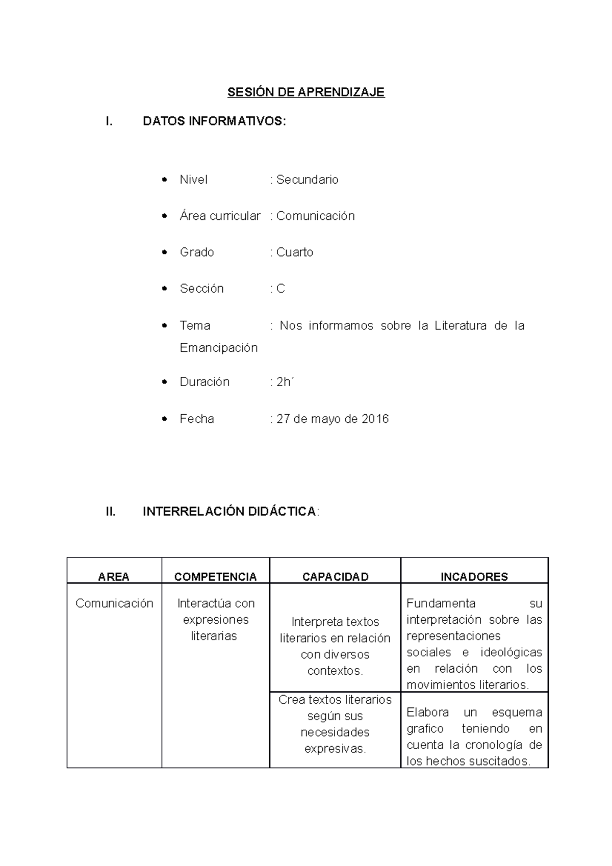 Sesion DE Aprendizaje - DUMENTO DE INFORMACION - SESIÓN DE APRENDIZAJE I. DATOS INFORMATIVOS ...