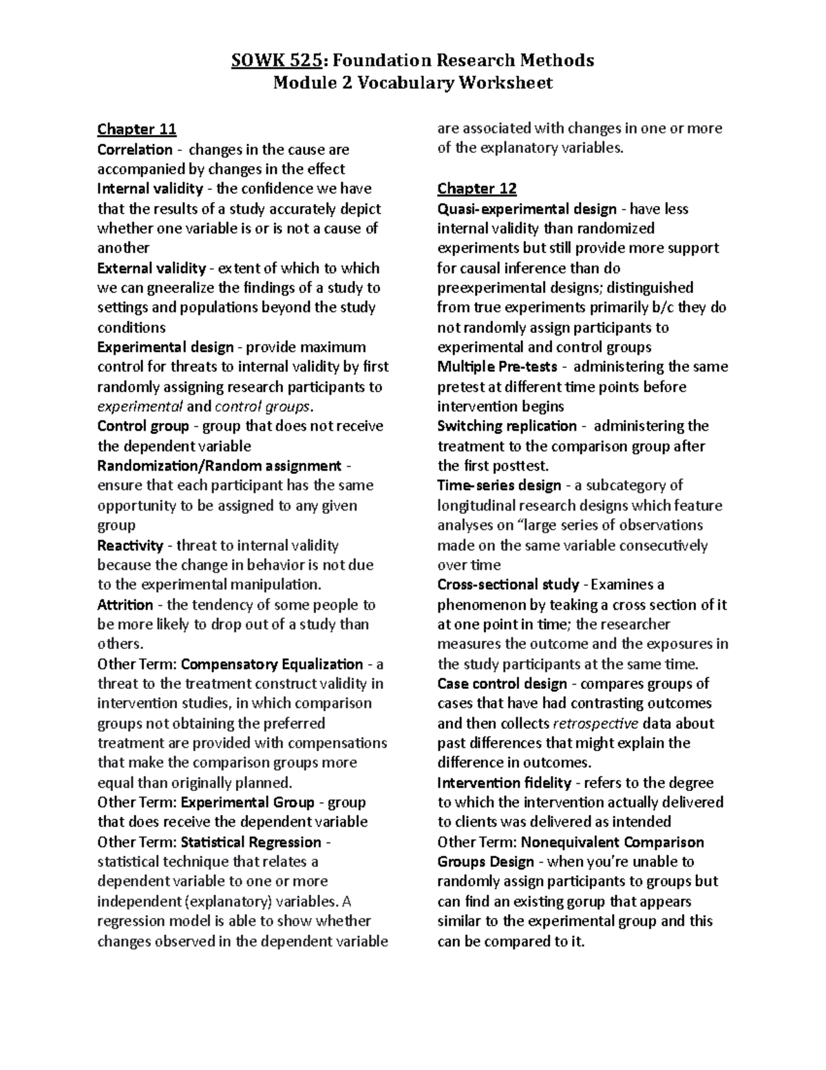 Module 2 Vocab Sheet. SOWK 525. JF - SOWK 525: Foundation Research Methods Module 2 Vocabulary ...