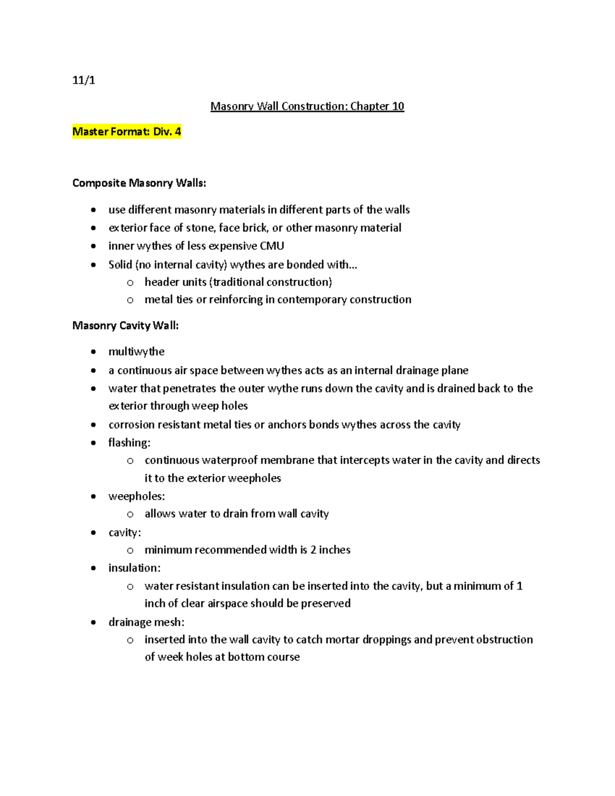 Cosc253 Notes 5 - 11/ Masonry Wall Construction: Chapter 10 Master ...