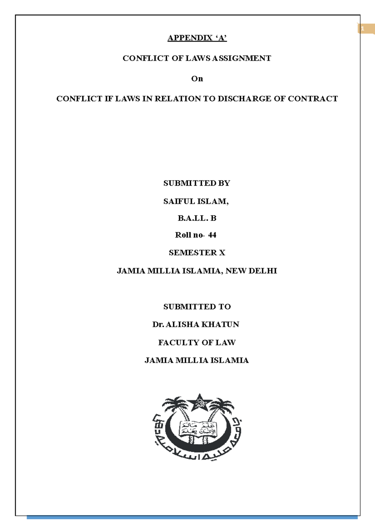 Discharge of contract - APPENDIX ‘A’ CONFLICT OF LAWS ASSIGNMENT On ...