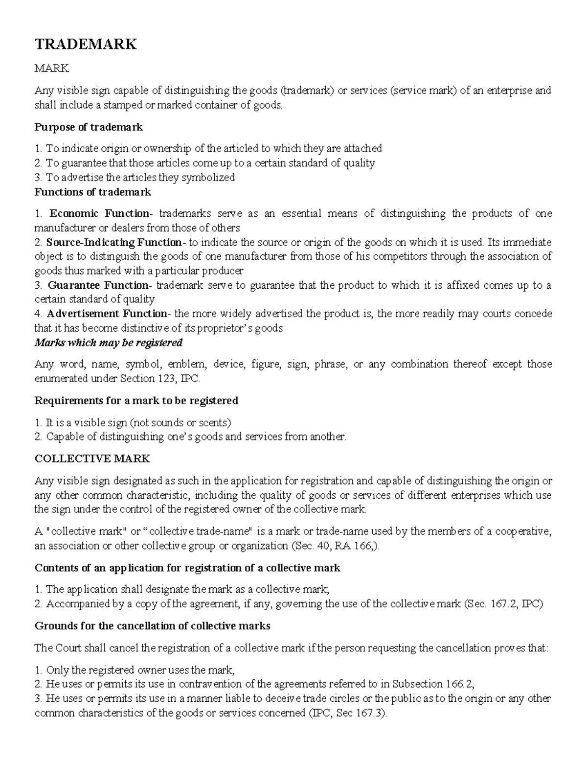 Intellectual Property Law- Trademark - TRADEMARK MARK Any visible sign ...