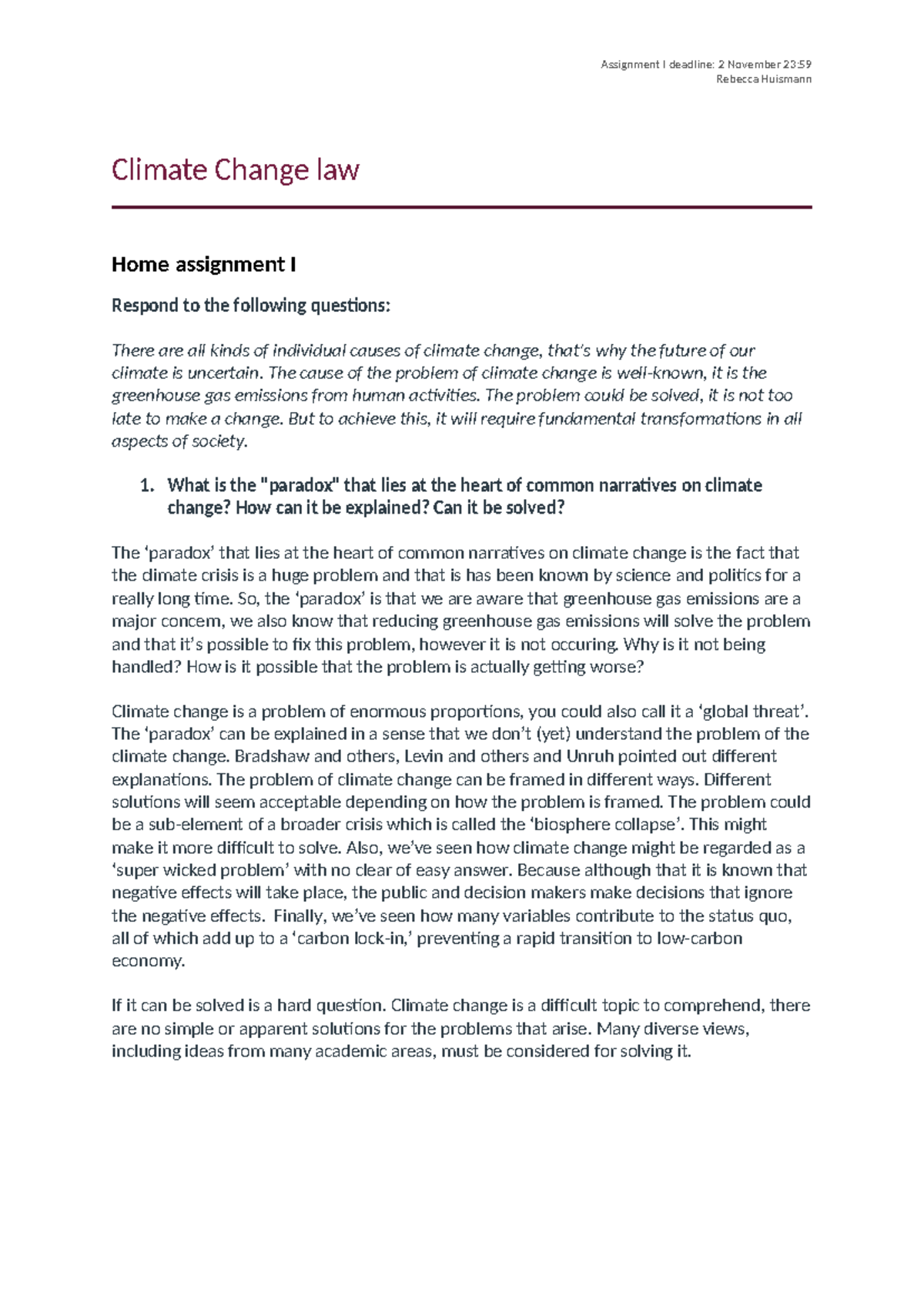 Assignment 1 climate change law - Assignment I deadline: 2 November 23 ...