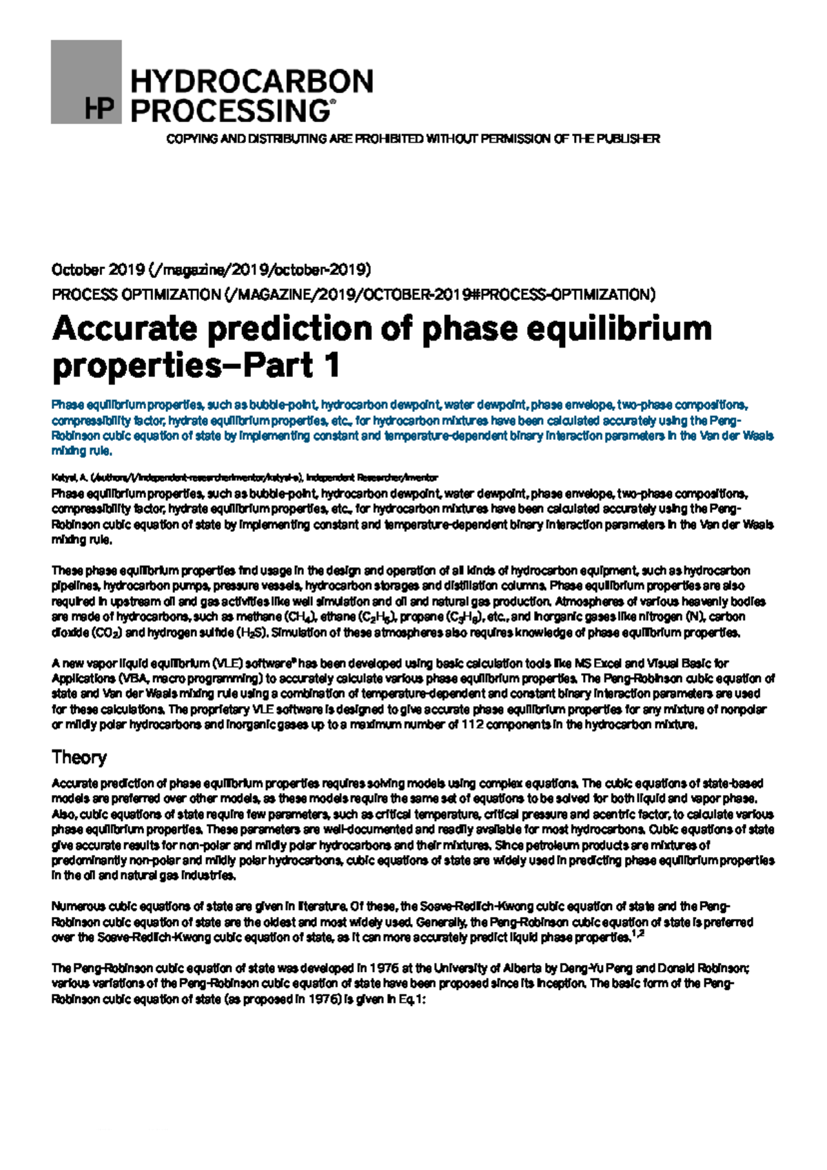 Accurate prediction of phase equilibrium properties—Part 1 - October ...