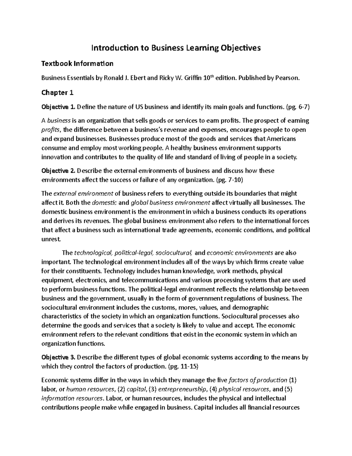 Introduction to Business Learning Objectives - Ebert and Ricky W ...