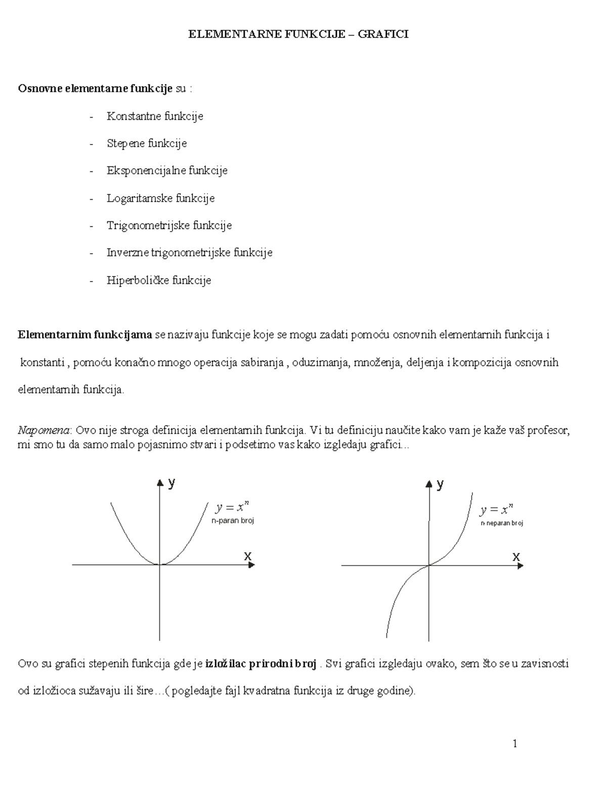 Elementarne Funkcije-grafici - ELEMENTARNE FUNKCIJE – GRAFICI Osnovne ...