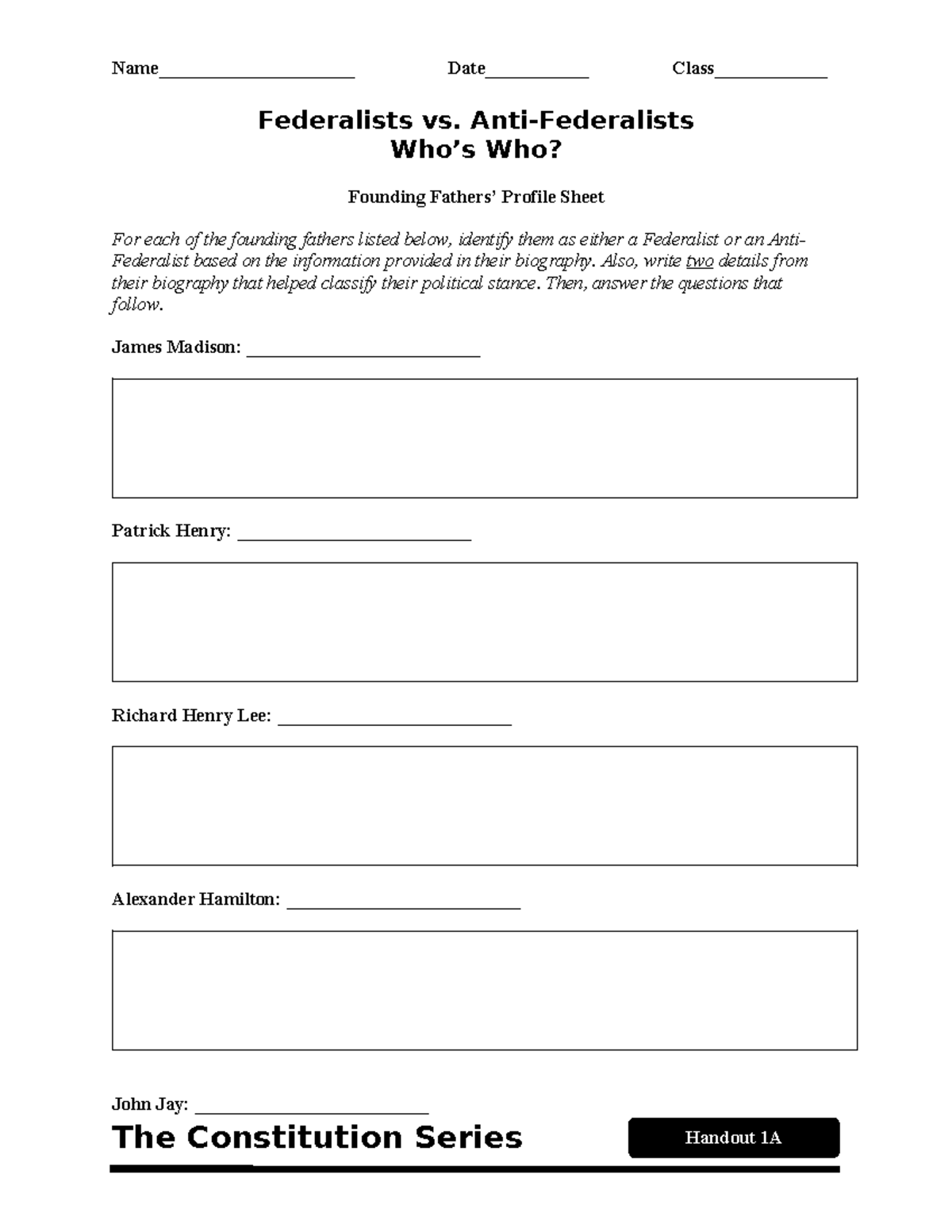 Federalists v. Anti Federalists Activity - Handout 1A Name ...