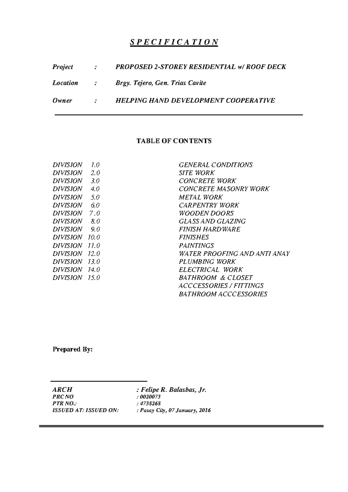 Specs Architectural - S P E C I F I C A T I O N Project : PROPOSED 2 ...