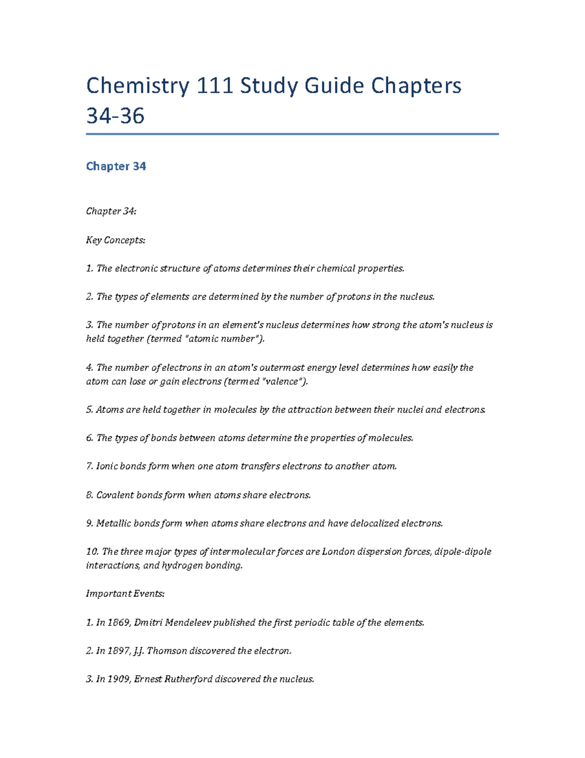 Chemistry 111 Study Guide Chapters 34-36 - Chemistry 111 Study Guide Chapters 34- Chapter 34 ...