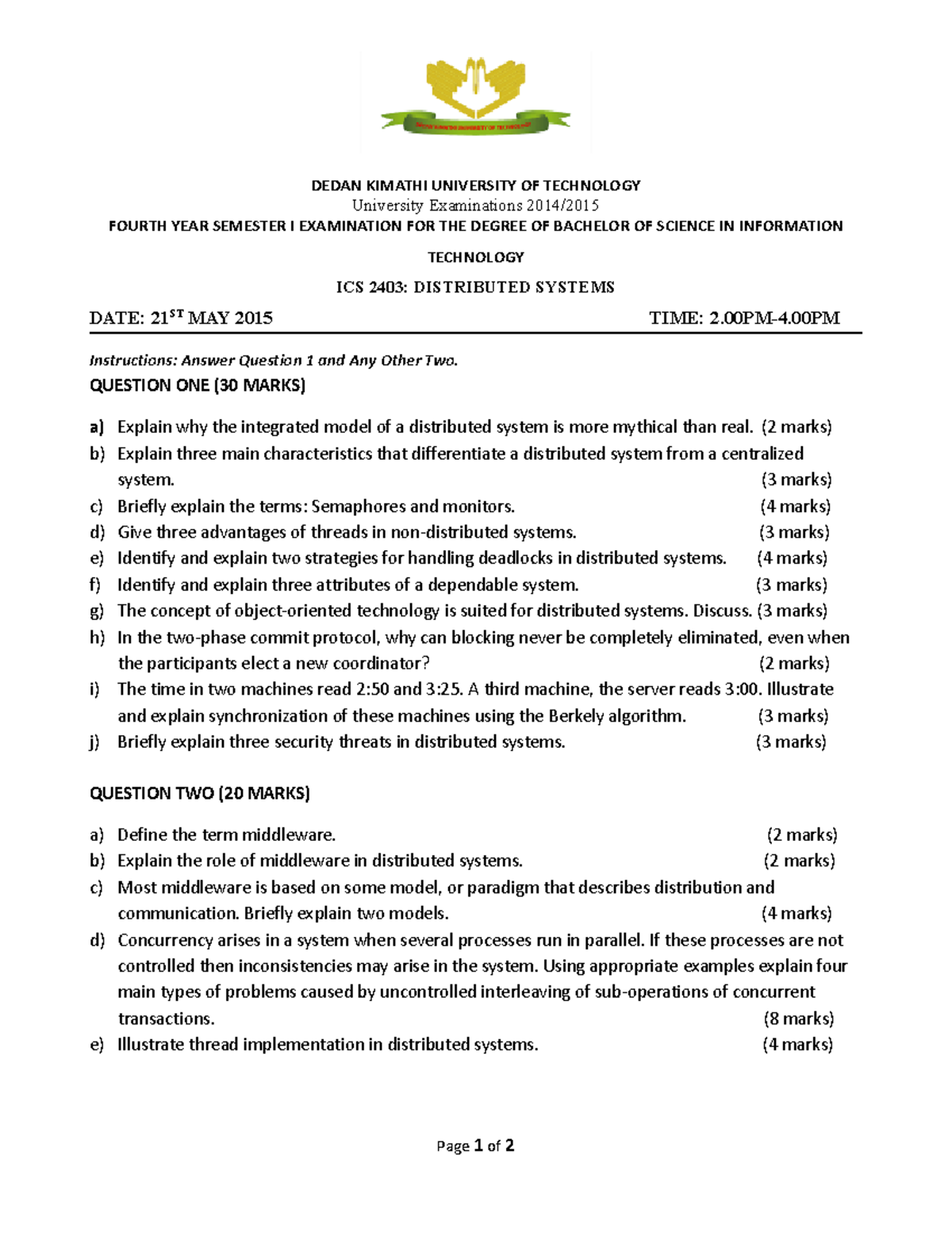 ICS 2403 Distributed Systems - DEDAN KIMATHI UNIVERSITY OF TECHNOLOGY University Examinations ...