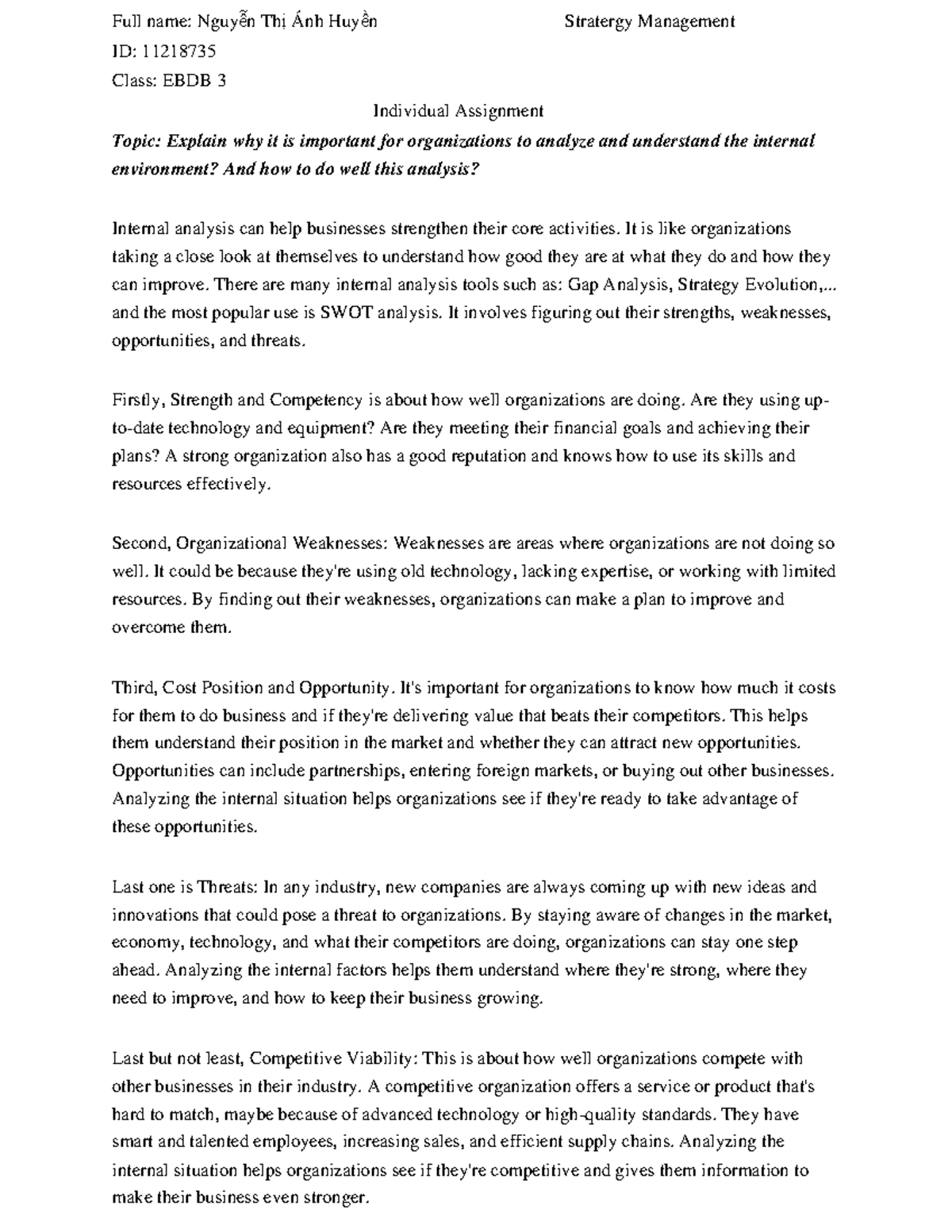 Strategy management - individual assignment - Full name: Nguyễn Thị Ánh ...