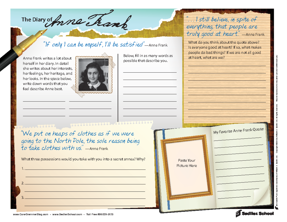 The Diary of Anne Frank Worksheet - and Sadlier ® are registered ...